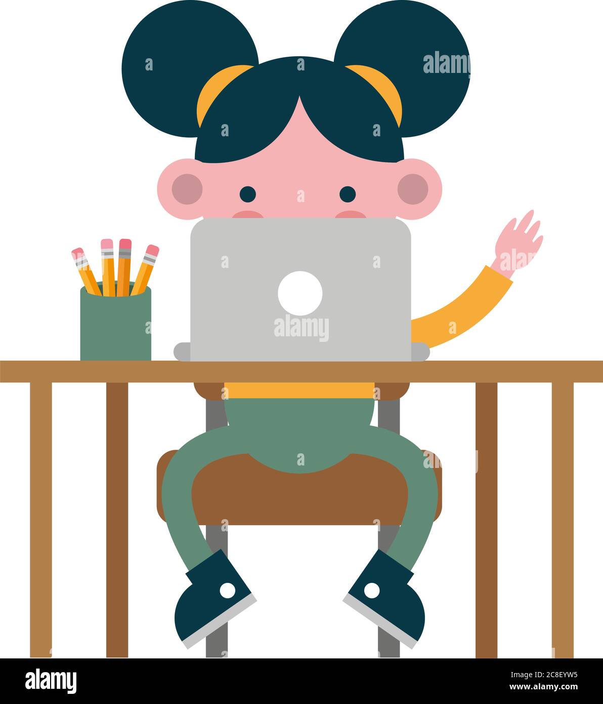 little student girl using laptop seated in school desk comic character ...