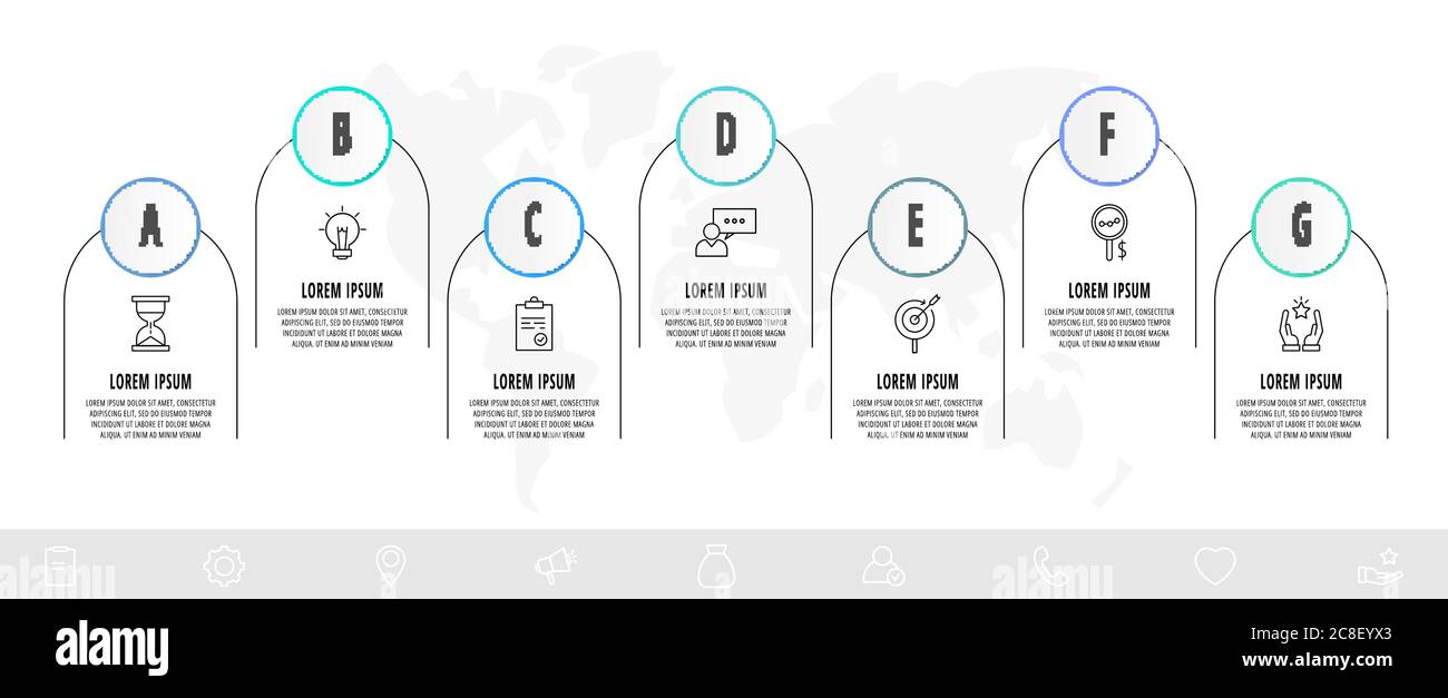 Infographics circles with 7 steps, labels. Line vector template. Can be used for diagram ...