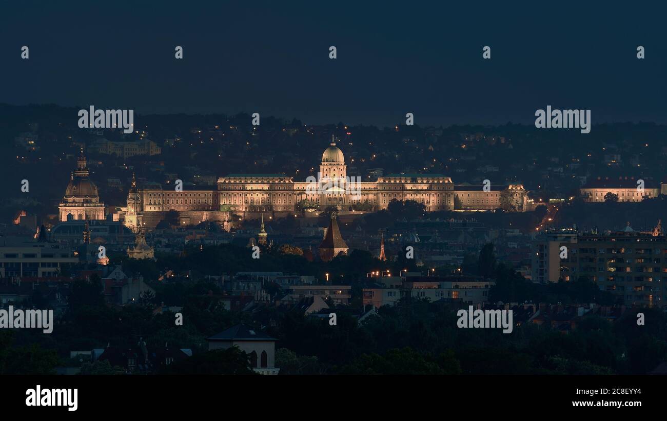 Buda royal castle panoramic photo. St Stephen basilica dome Vajdahunyad ...