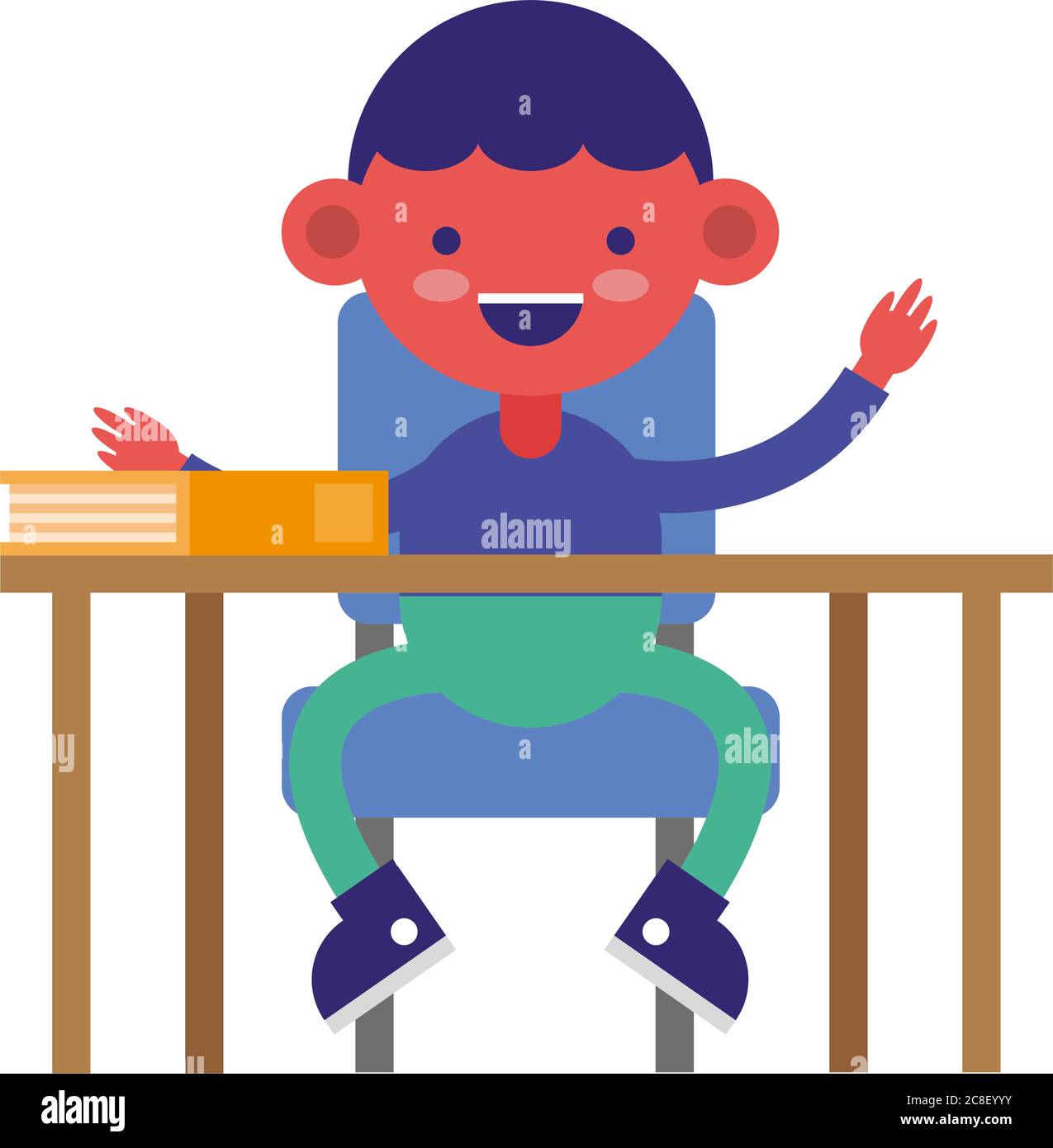 little student boy in desk with book comic character vector ...