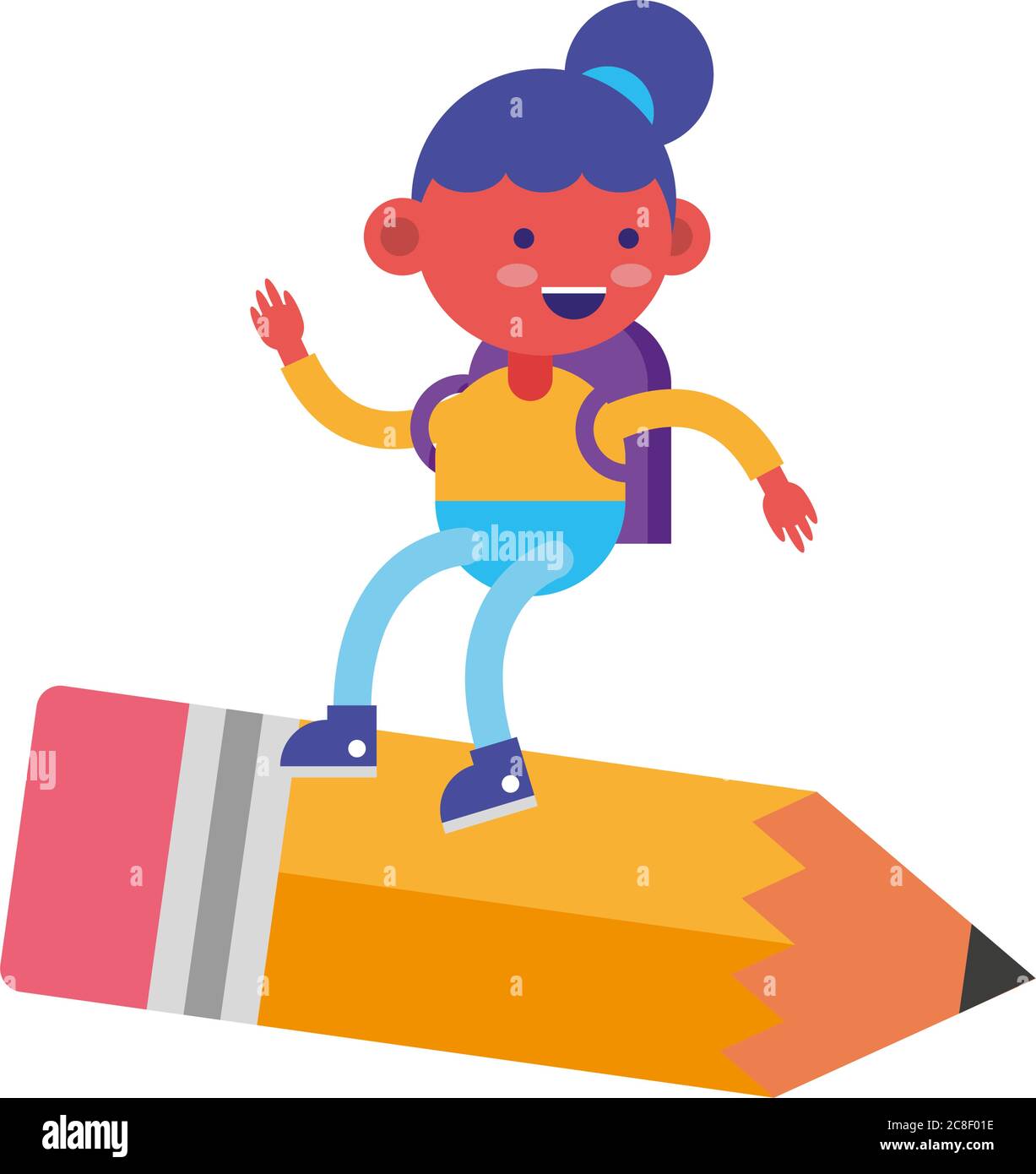 little student girl flying in pencil comic character vector ...