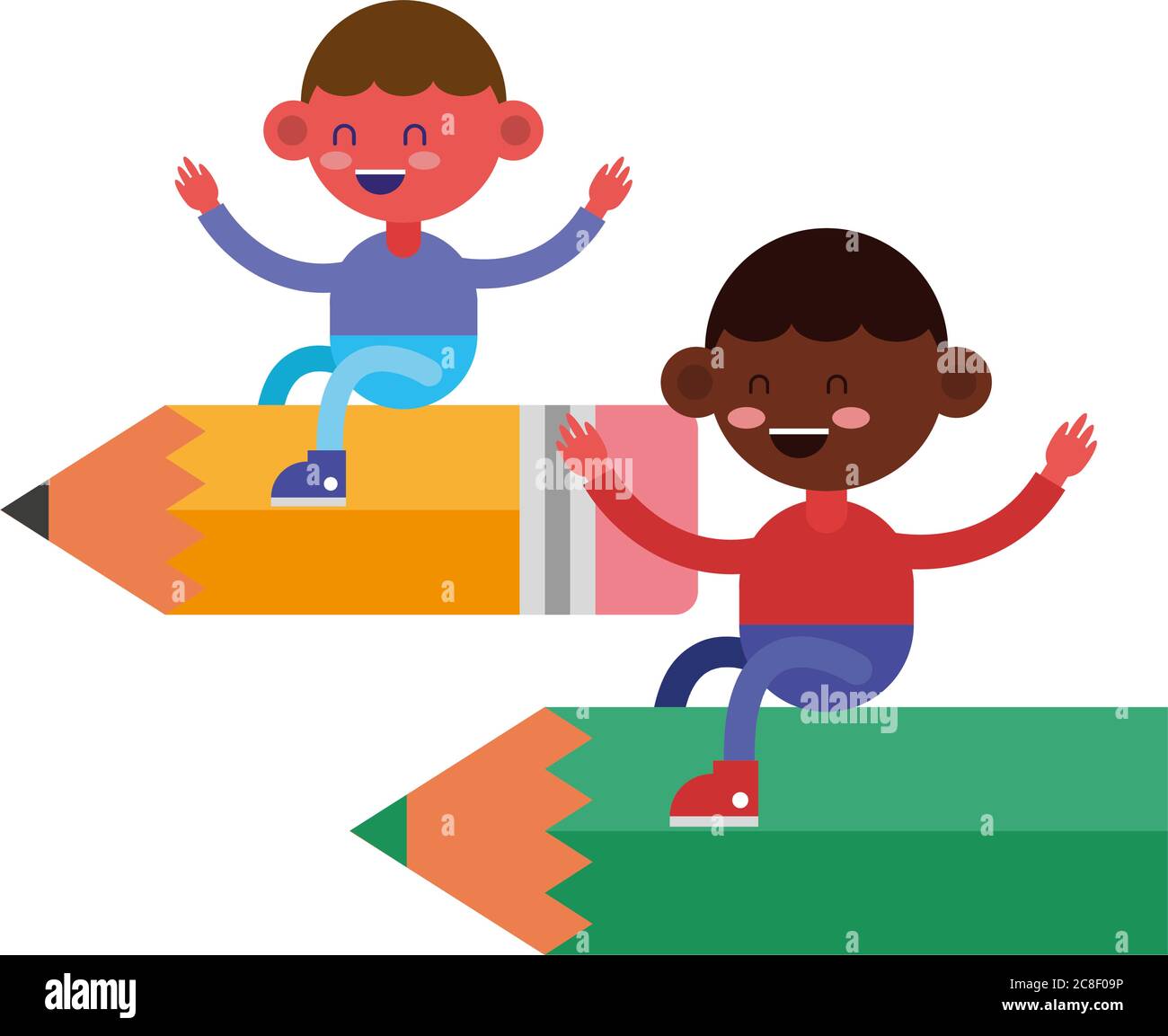 little students boys flying in pencils comic characters vector ...