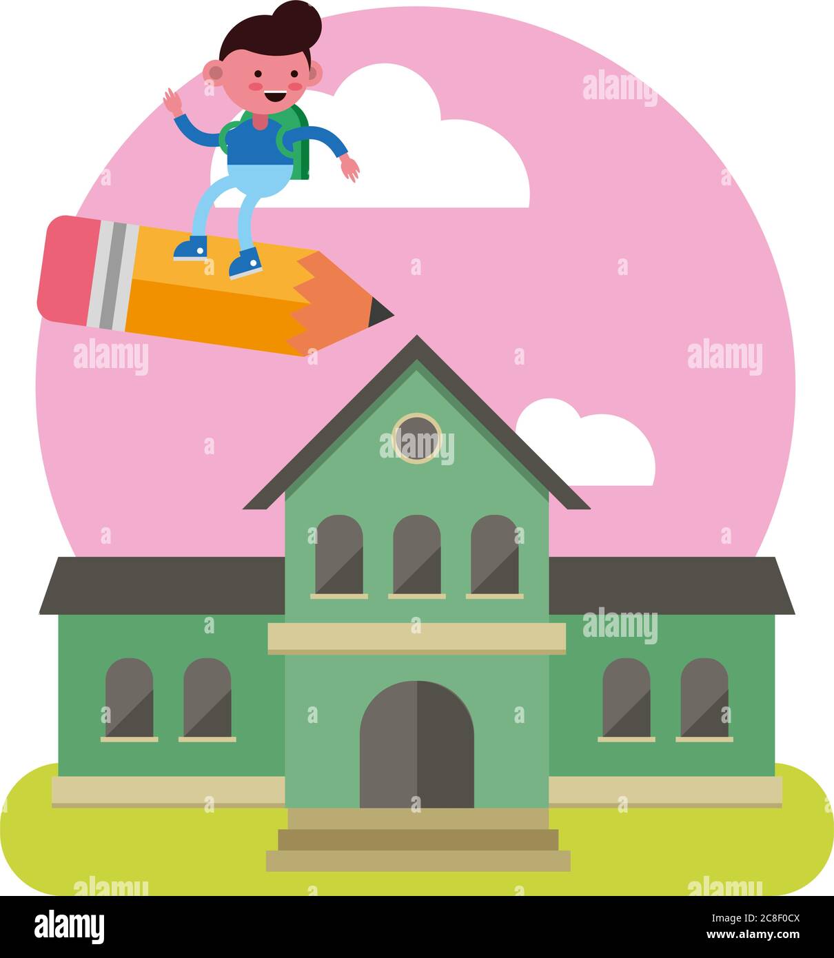 little student boy flying in pencil in the shool comic character vector ...