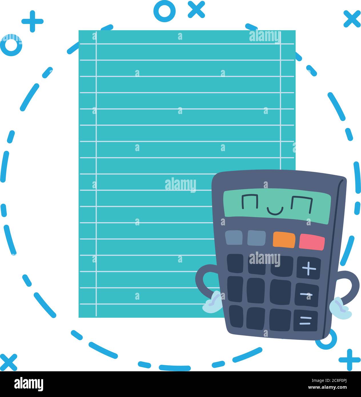 calculator and paper sheet with happy face cartoon, school supplies ...