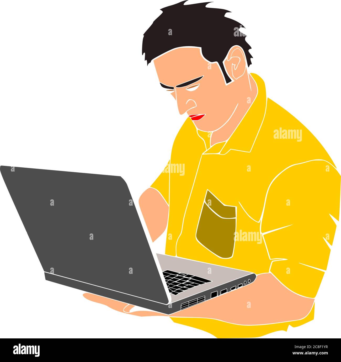 Professional man cartoon wearing yellow shirt while operating laptop ...