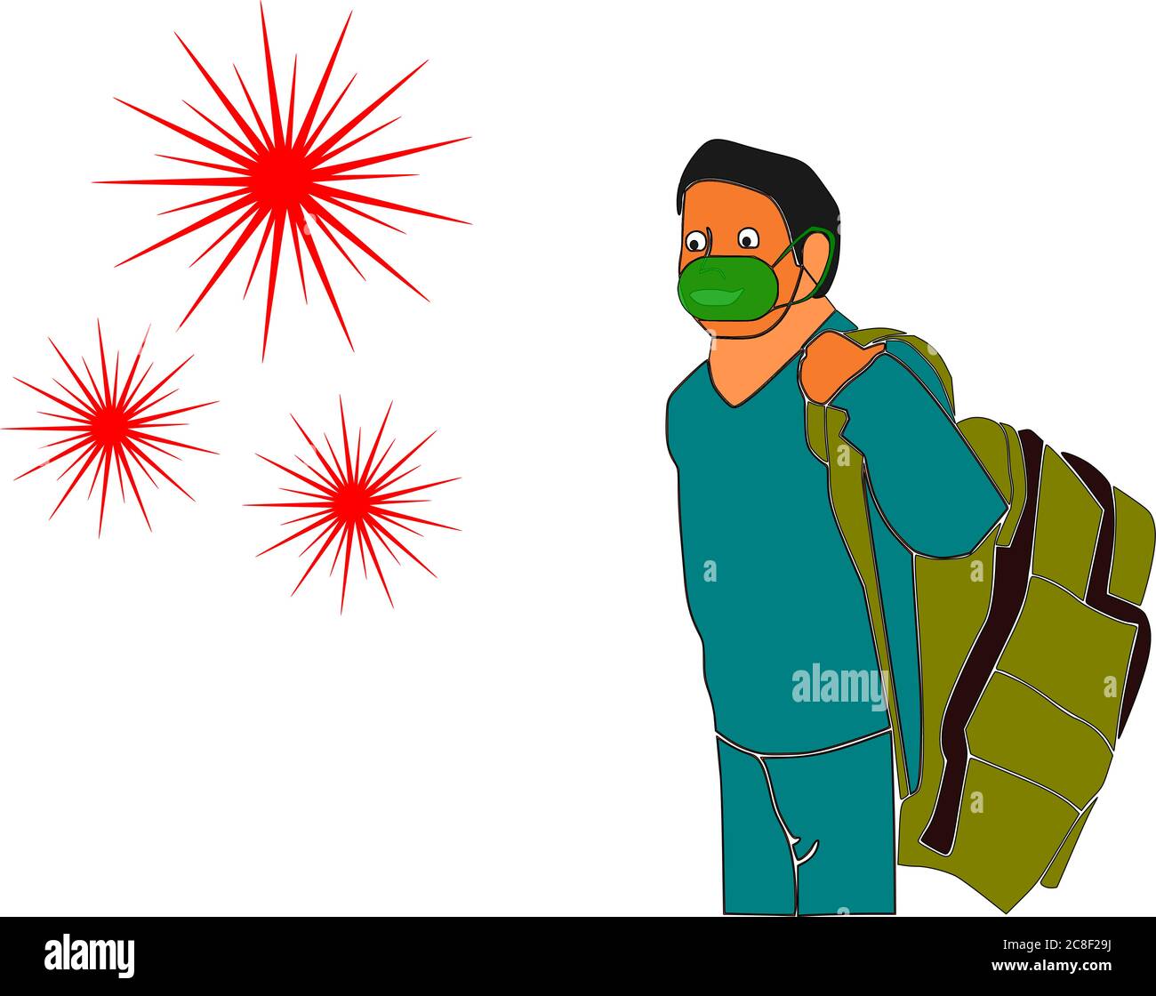 An indian cartoon student holding school bag wearing face mask for ...