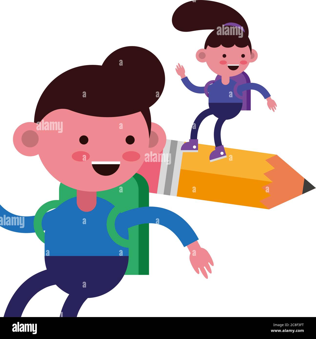 little students couple flying in pencil comic characters vector ...