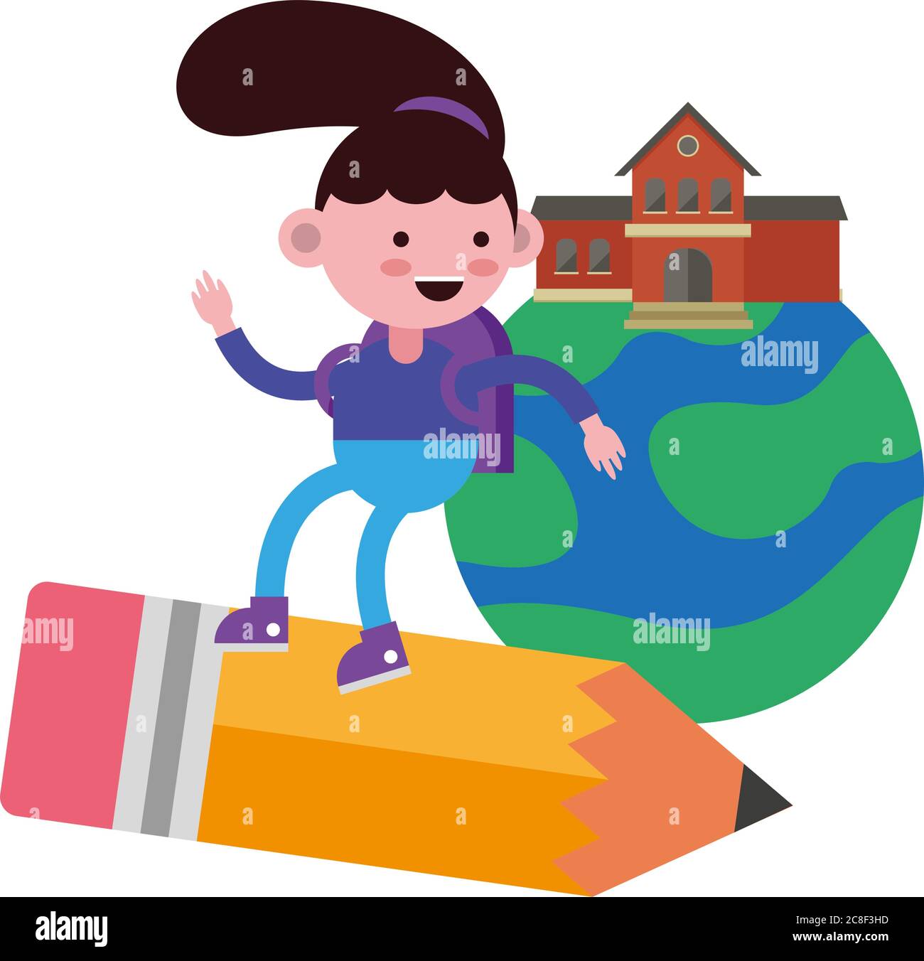 little student girl flying in pencil with school on planet comic ...