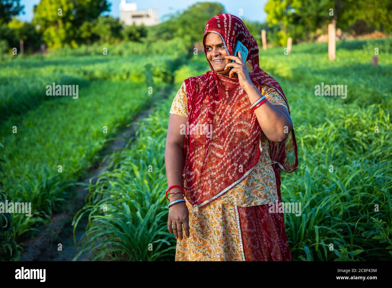 Traditional village women talking on mobile phone standing in green ...