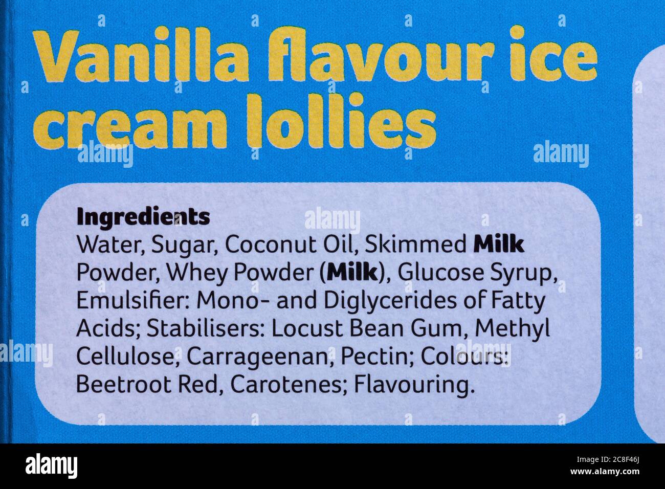 Ingredients listing on box of Barratt Flumps Mini Vanilla Flavour Ice ...