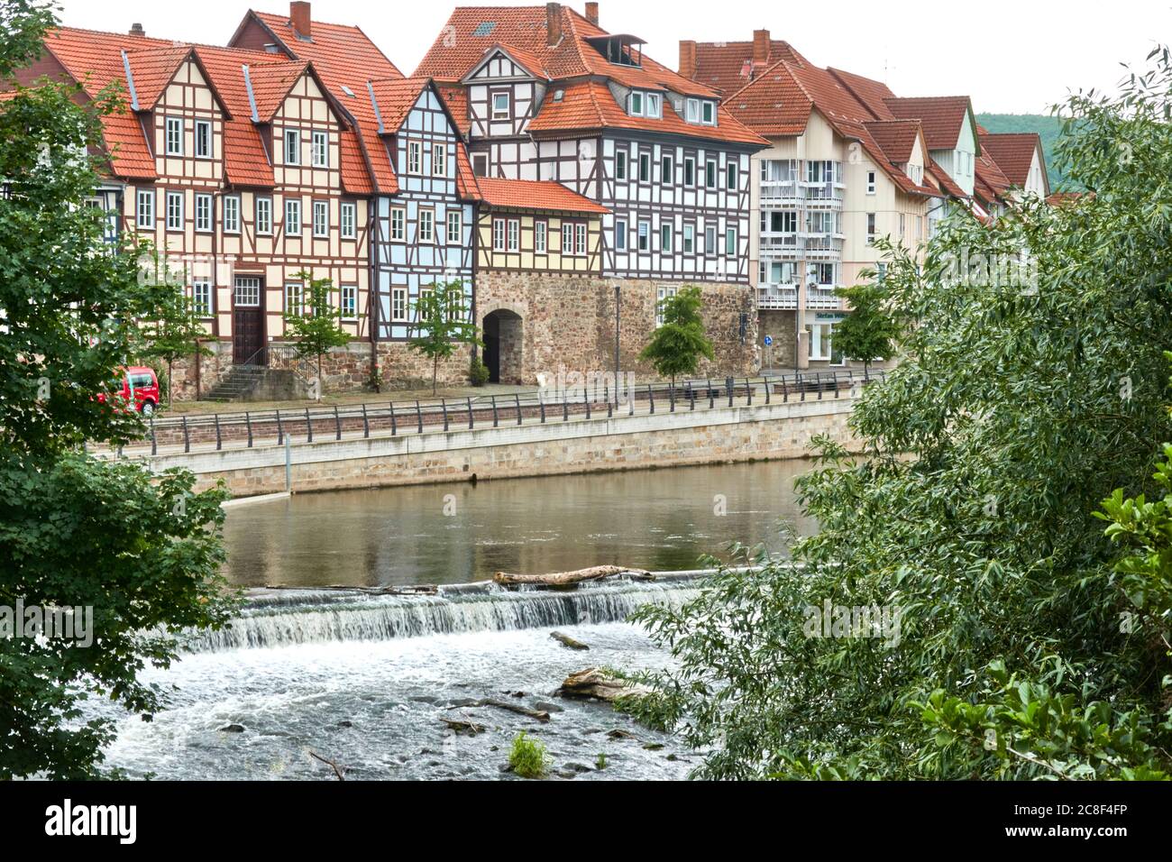 Street with half-timbered houses in Hann. Muenden, Germany, behind the ...