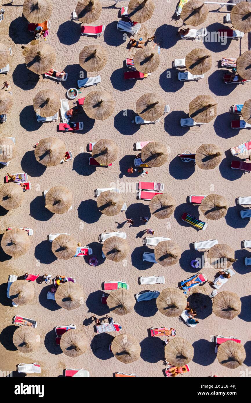 Aerial Beach, People And Umbrellas On Beach Photography Stock Photo - Alamy