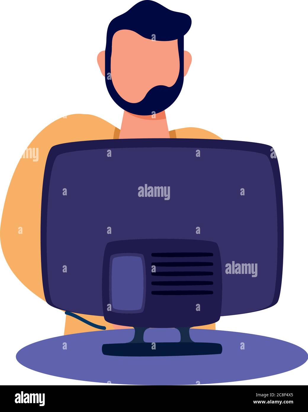 young man using desktop connecting technology character vector ...