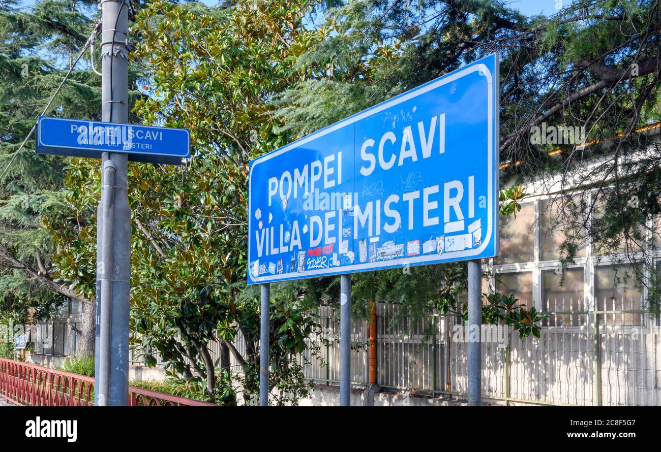 Signs at the Pompei Scavi railway station which is then stop on the ...