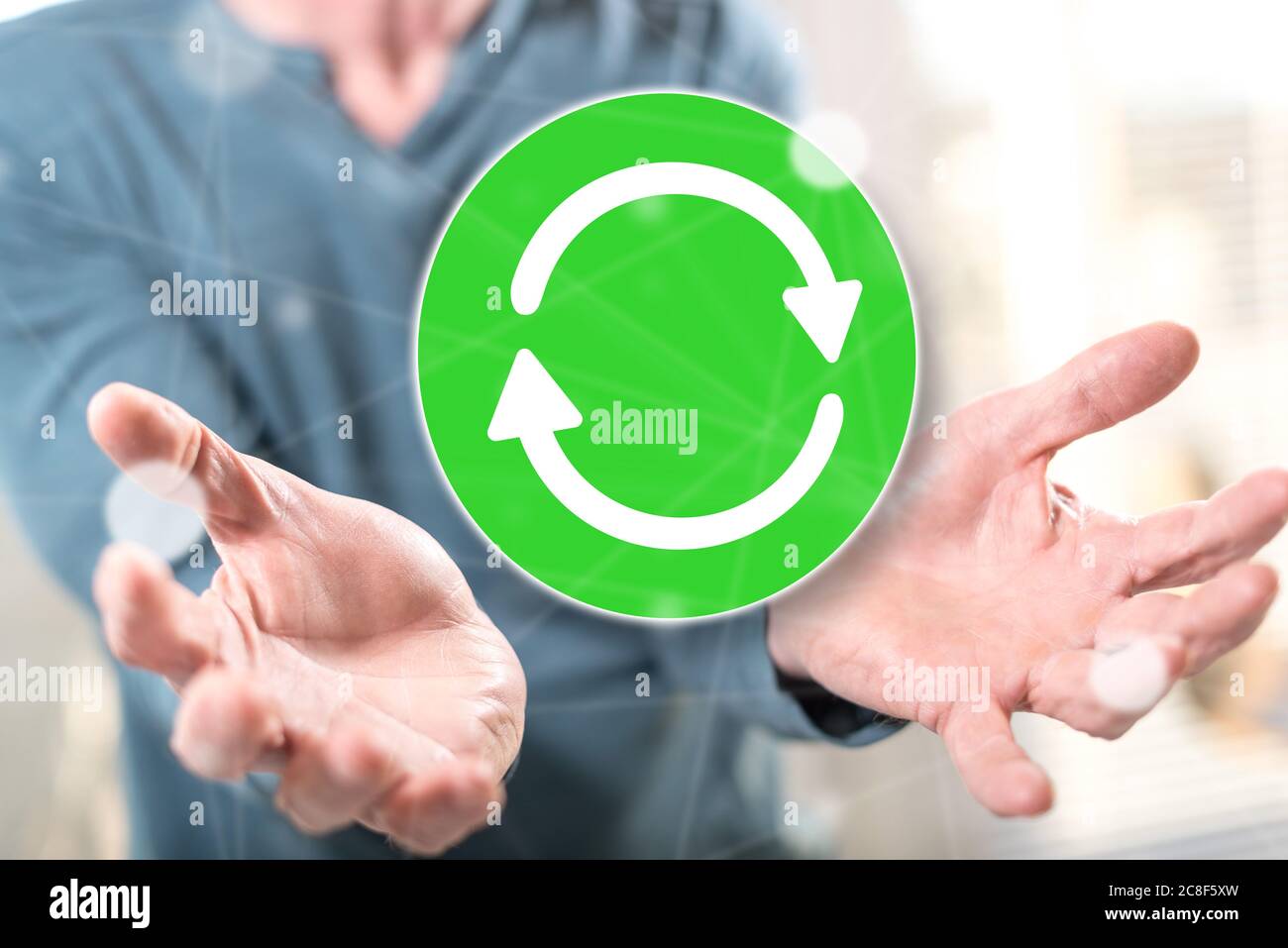 Upgrade concept above the hands of a man in background Stock Photo - Alamy