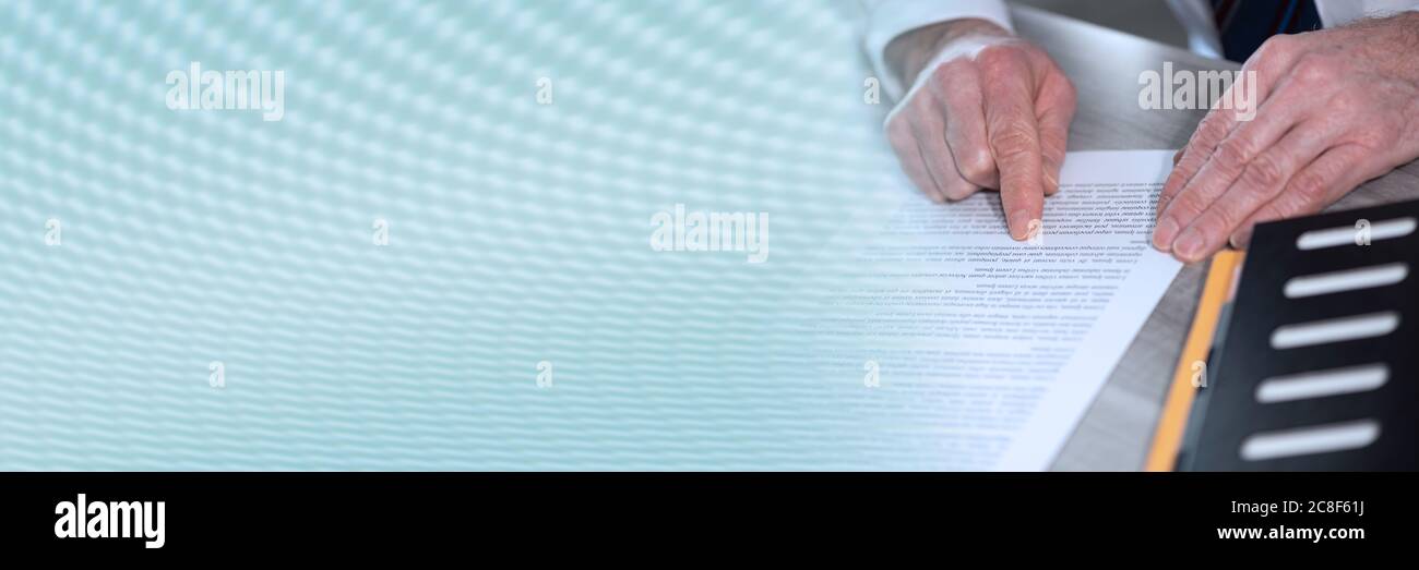 Hands of businessman checking document; panoramic banner Stock Photo ...