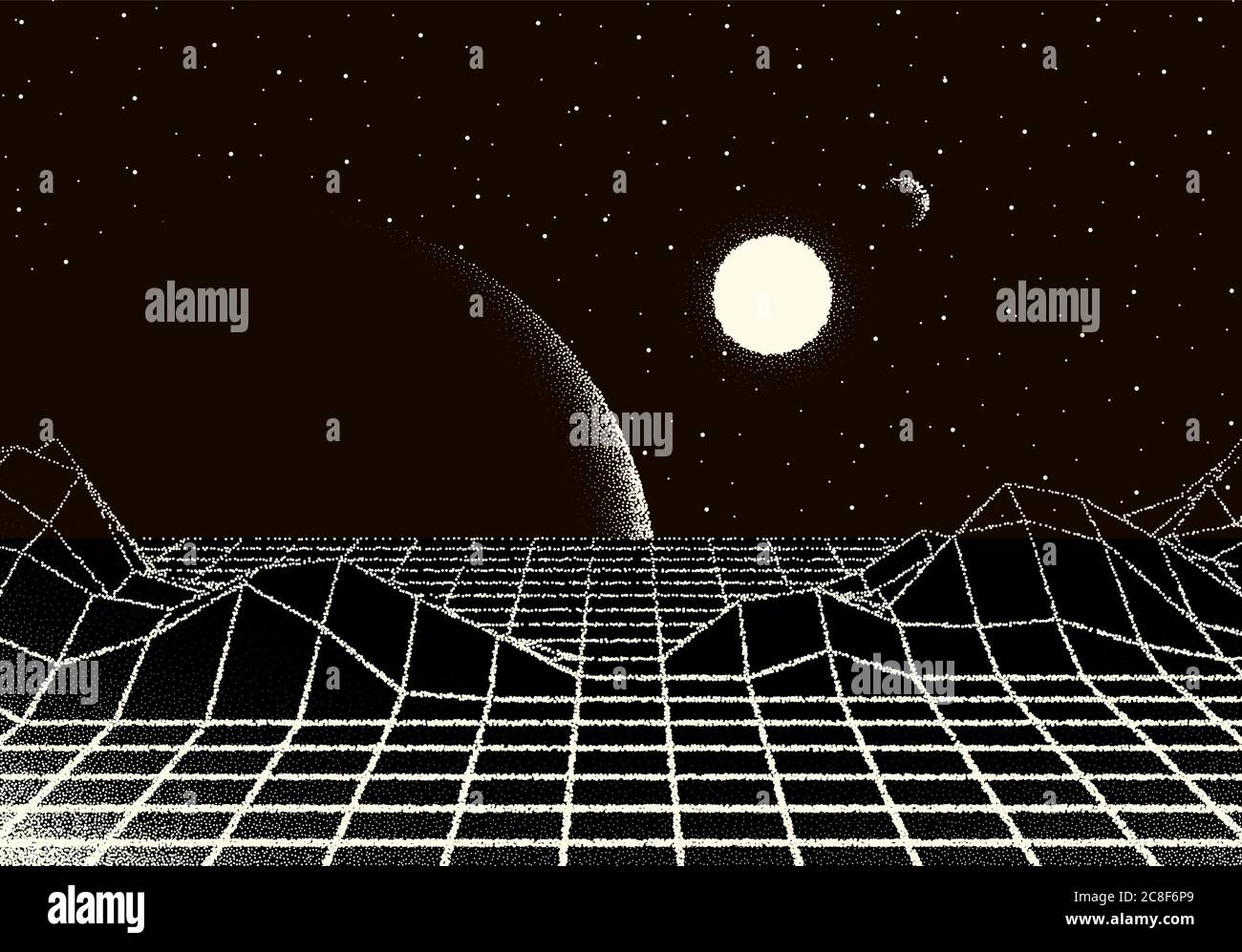 Retro dotwork landscape with 80s styled laser grid, planet, sun and ...