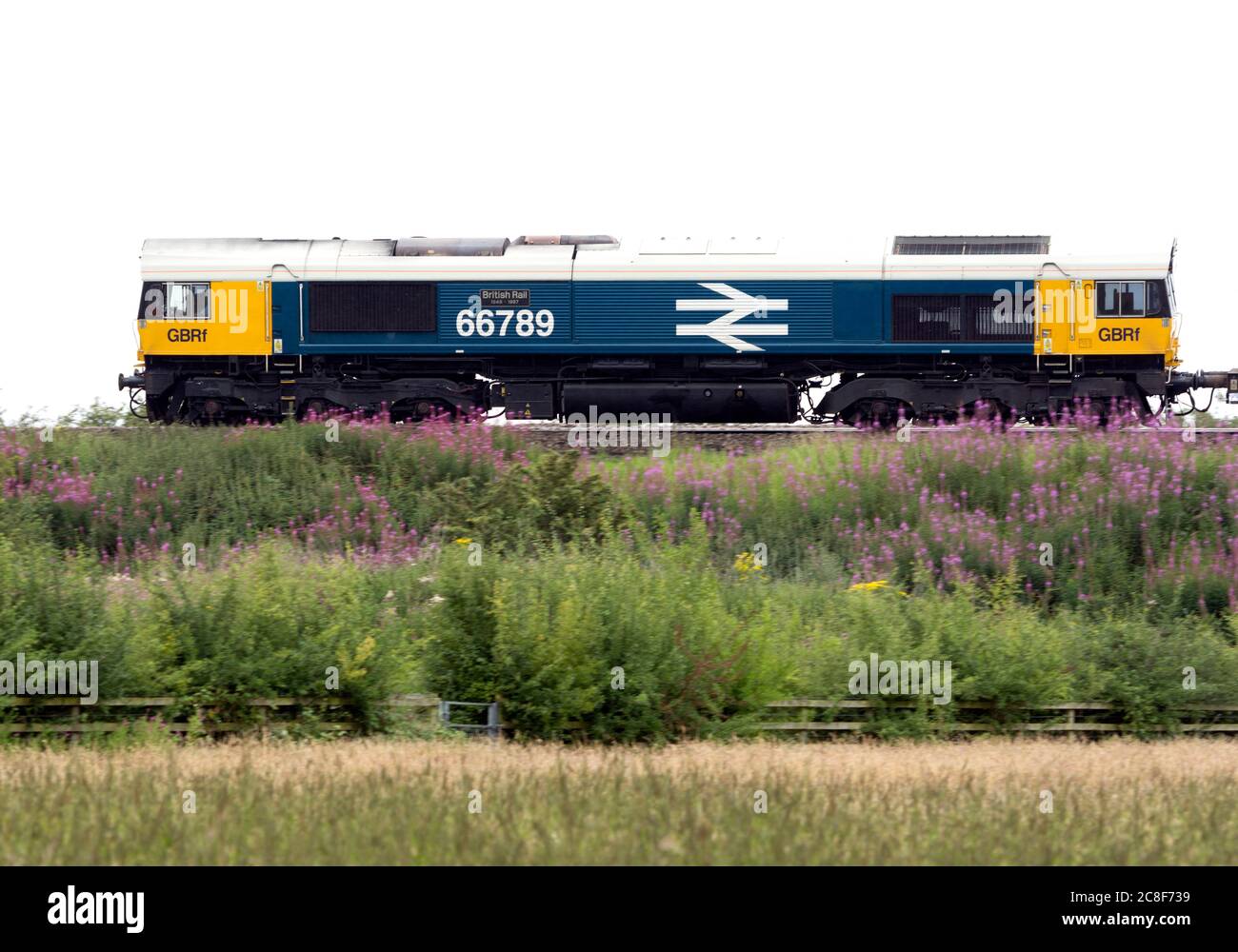 GBRf class 66 diesel locomotive No. 66789 "British Rail 1948-1997" pulling a freight train ...