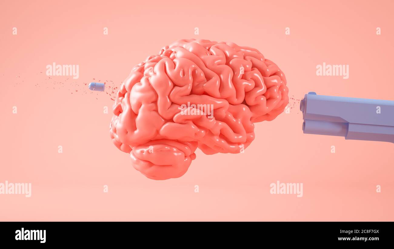 Gun shooting a brain 3d rendering Stock Photo - Alamy
