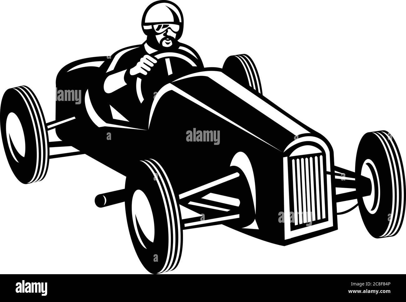 Retro style illustration of a racing driver driving vintage race car ...