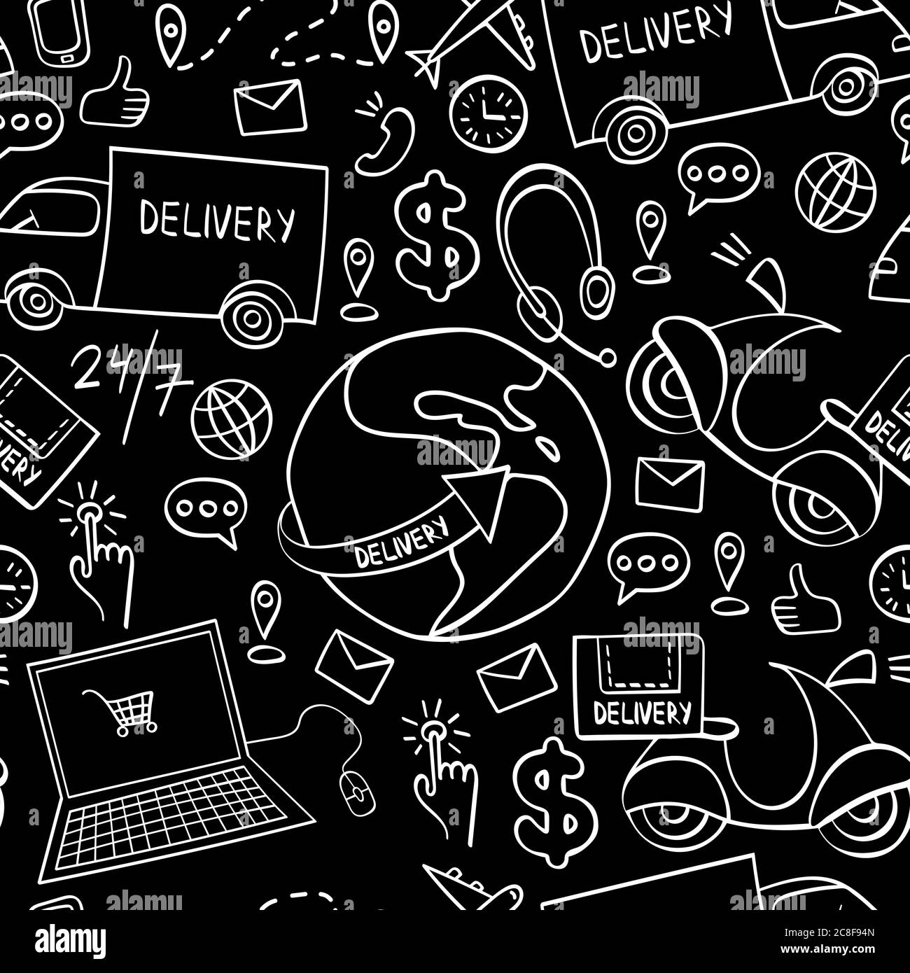Delivery hand drawn seamless pattern. Doodle shipping elements on black ...