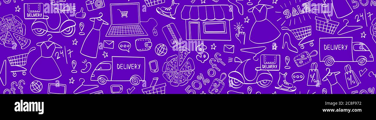 Online shopping hand drawn seamless horizontal border. Doodle e ...