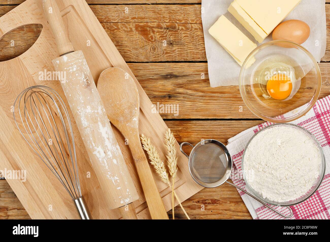 baking preparation, top view of a variety of objects on wooden planks ...