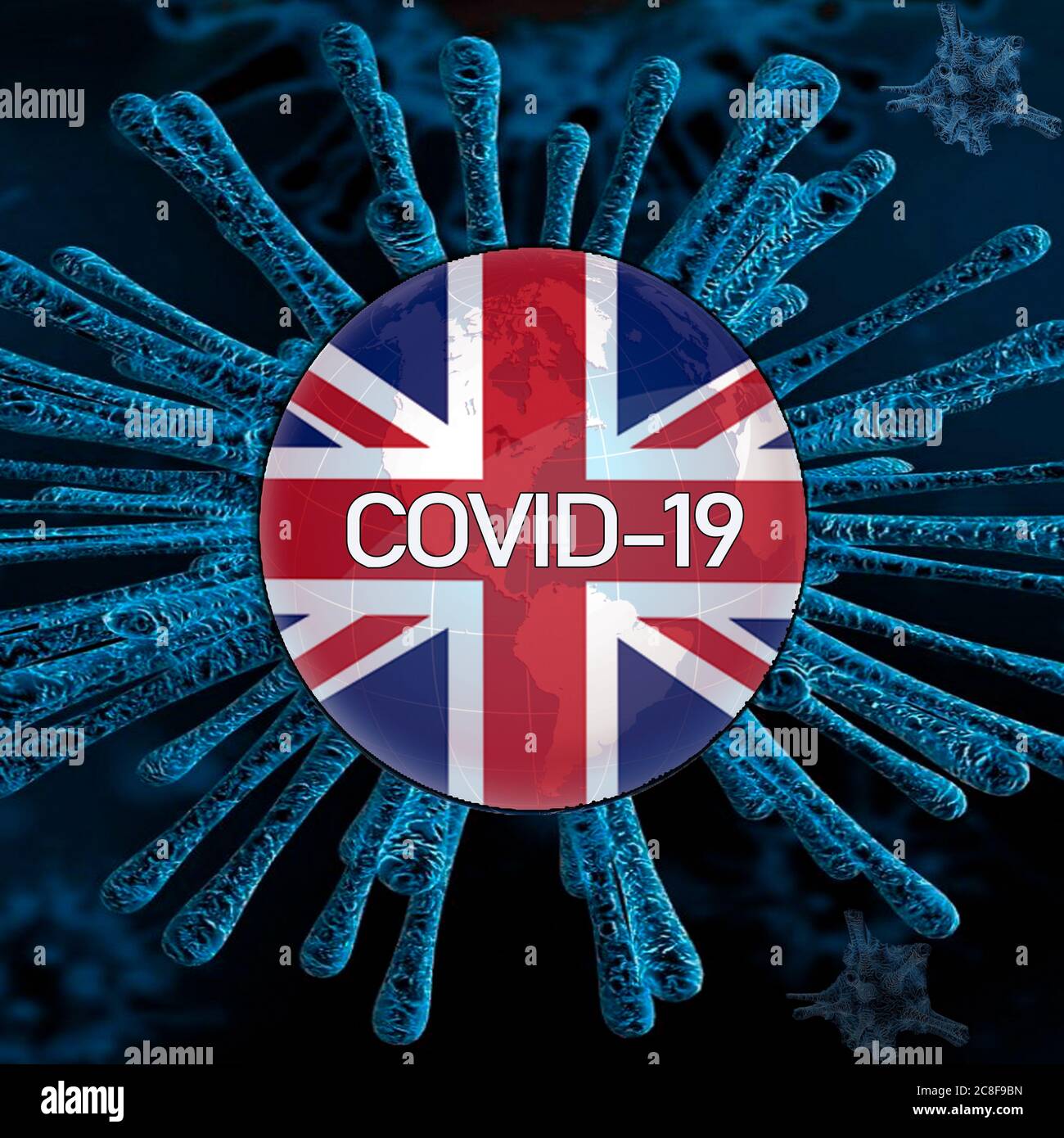 3D rendering illustration of a coronavirus cell with a British flag ...