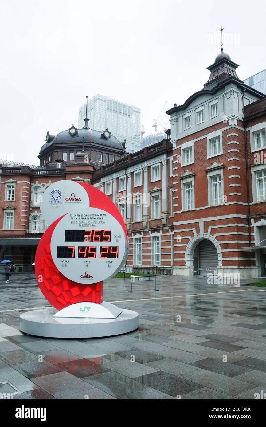 Tokyo, Japan. 23rd July 2020. The Olympic Clock at Tokyo Station marks ...