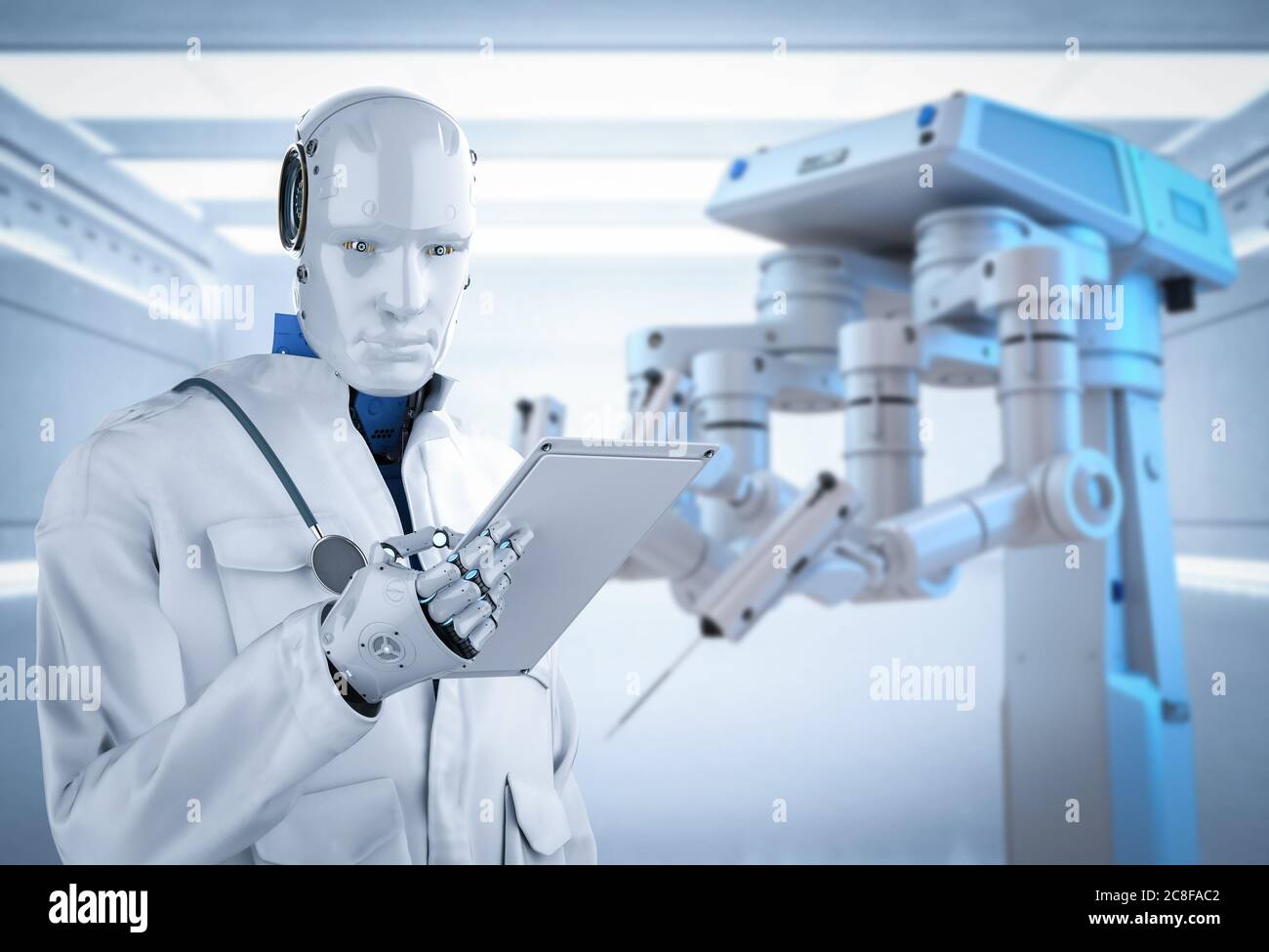 Medical technology concept with 3d rendering doctor robot with surgery ...