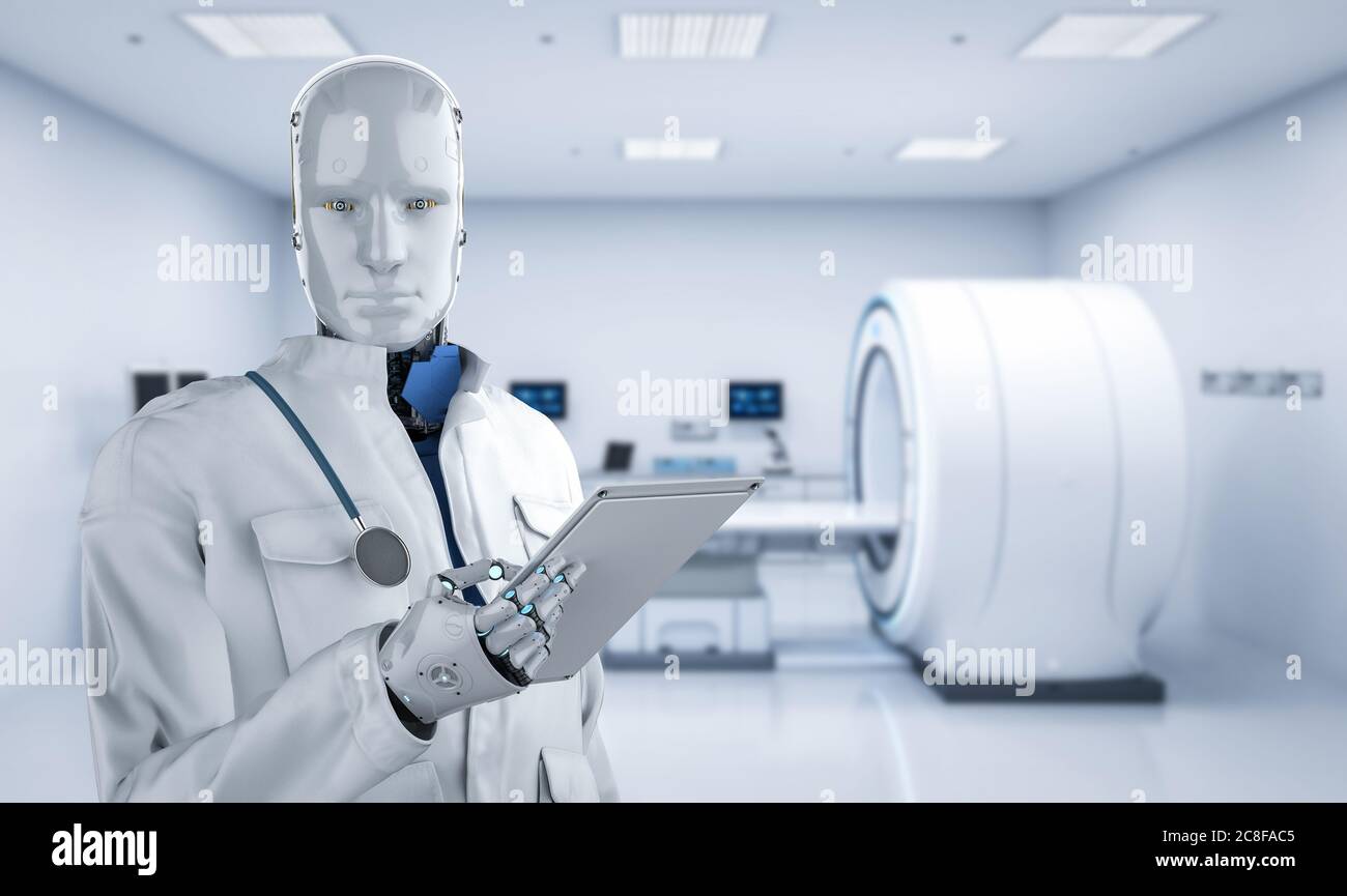 Medical technology concept with 3d rendering doctor robot with mri scan ...