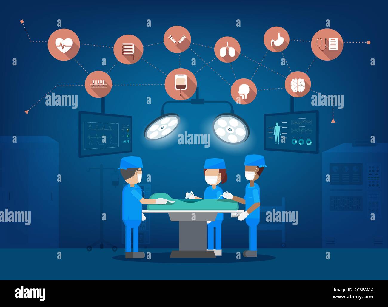 Surgeon team in surgery room with medical icons flat design vector ...