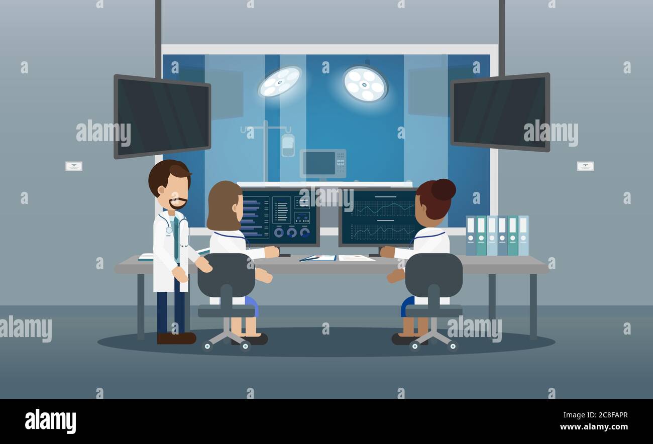 Empty surgery room with doctor work with computer flat design vector ...
