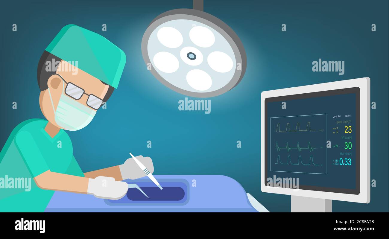 Surgeon with monitor in surgery room flat design vector illustration ...