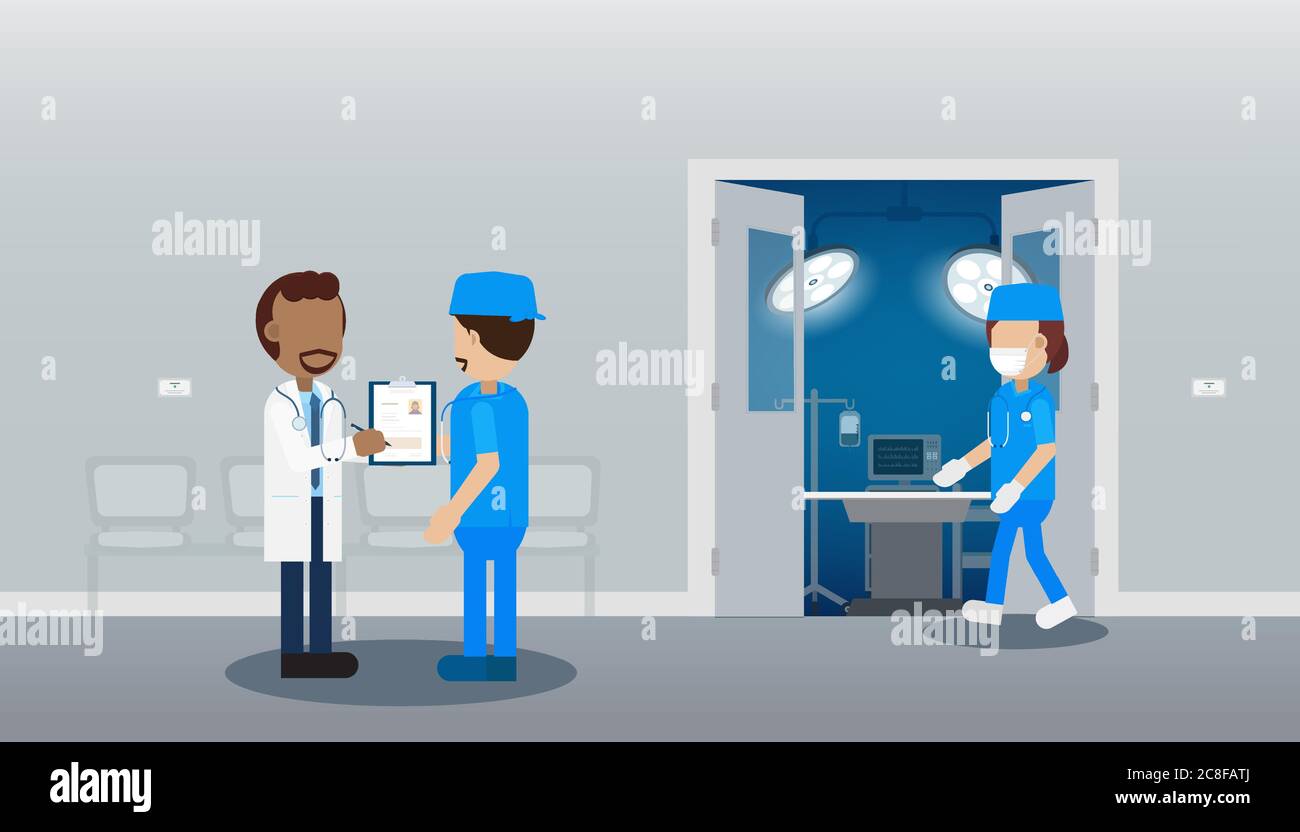 Surgeon team with surgery room flat design vector illustration Stock ...