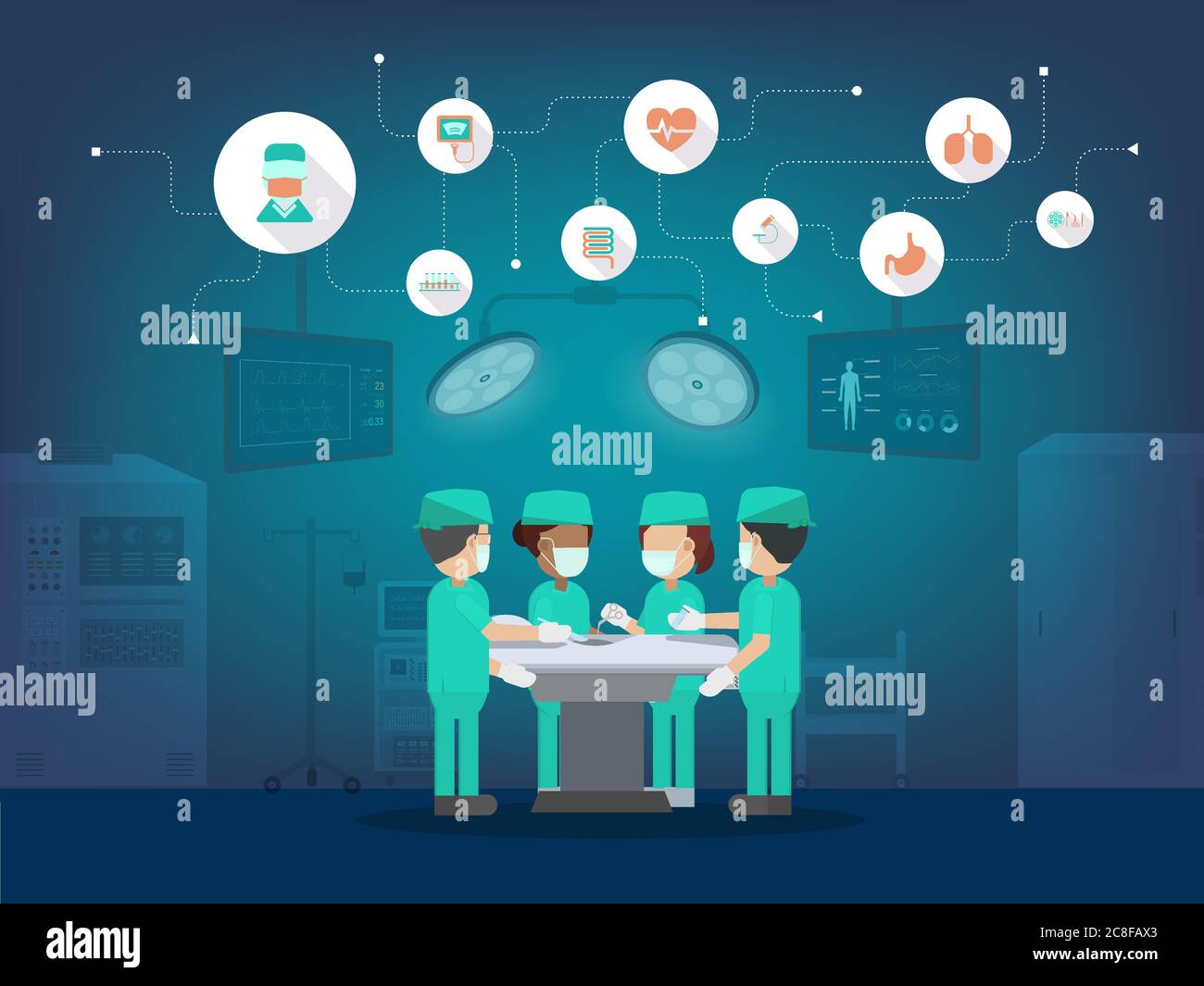 Surgeon team in surgery room flat design vector illustration Stock ...