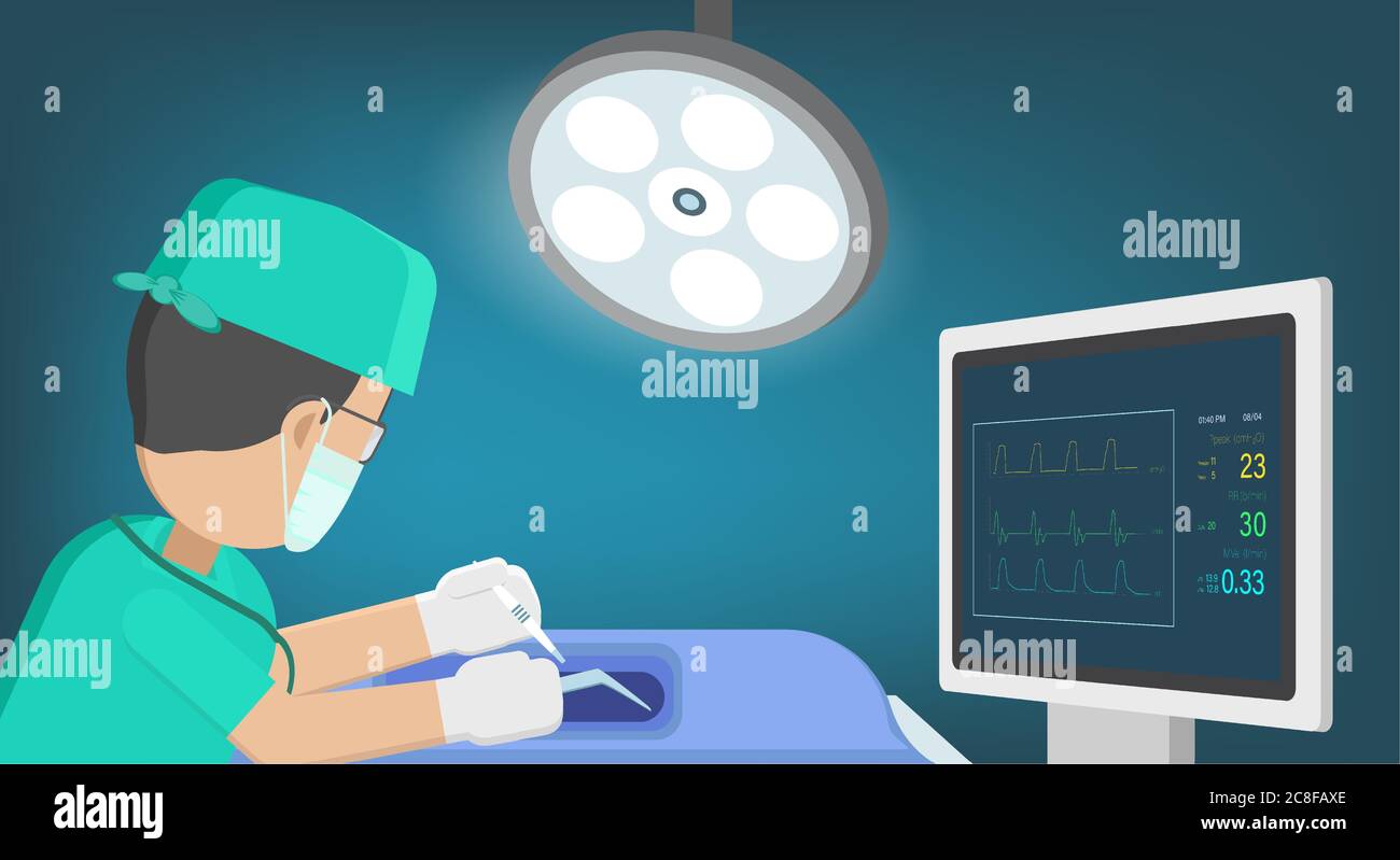 Surgeon with monitor in surgery room flat design vector illustration ...