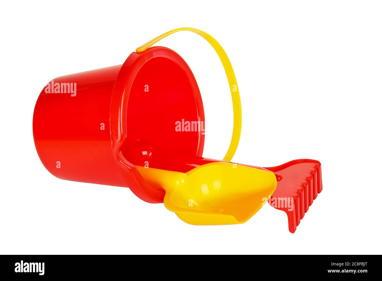 bucket, spade and rake isolated on white Stock Photo - Alamy