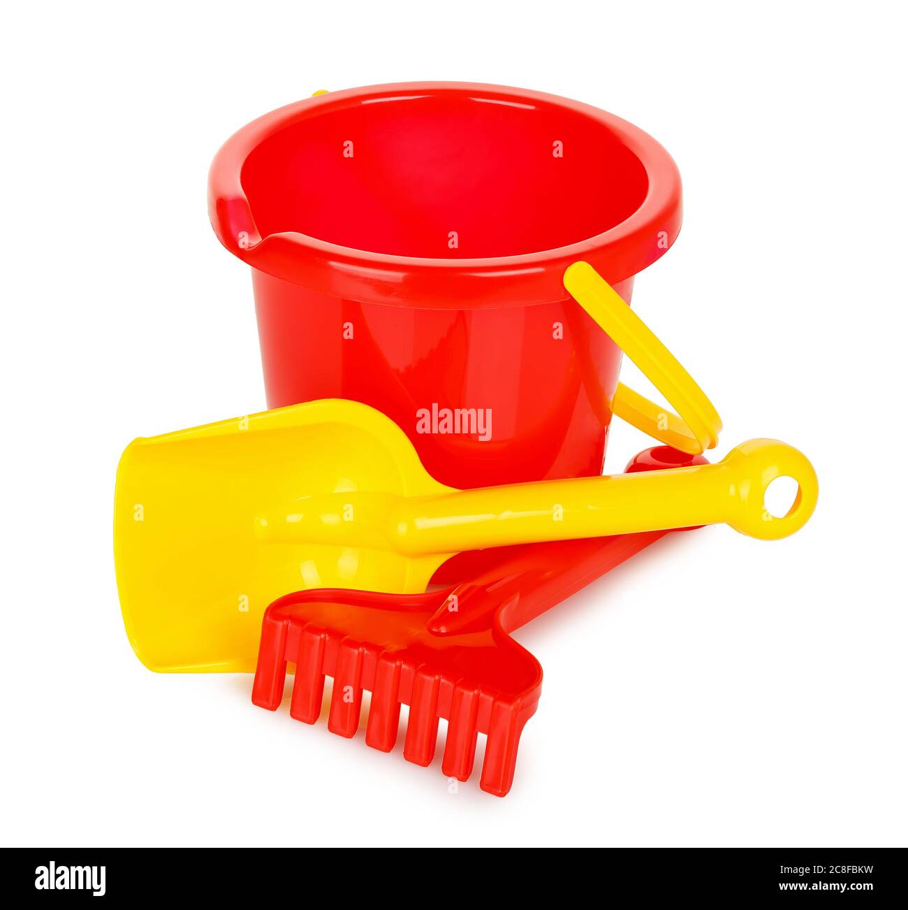bucket, spade and rake isolated on white Stock Photo - Alamy