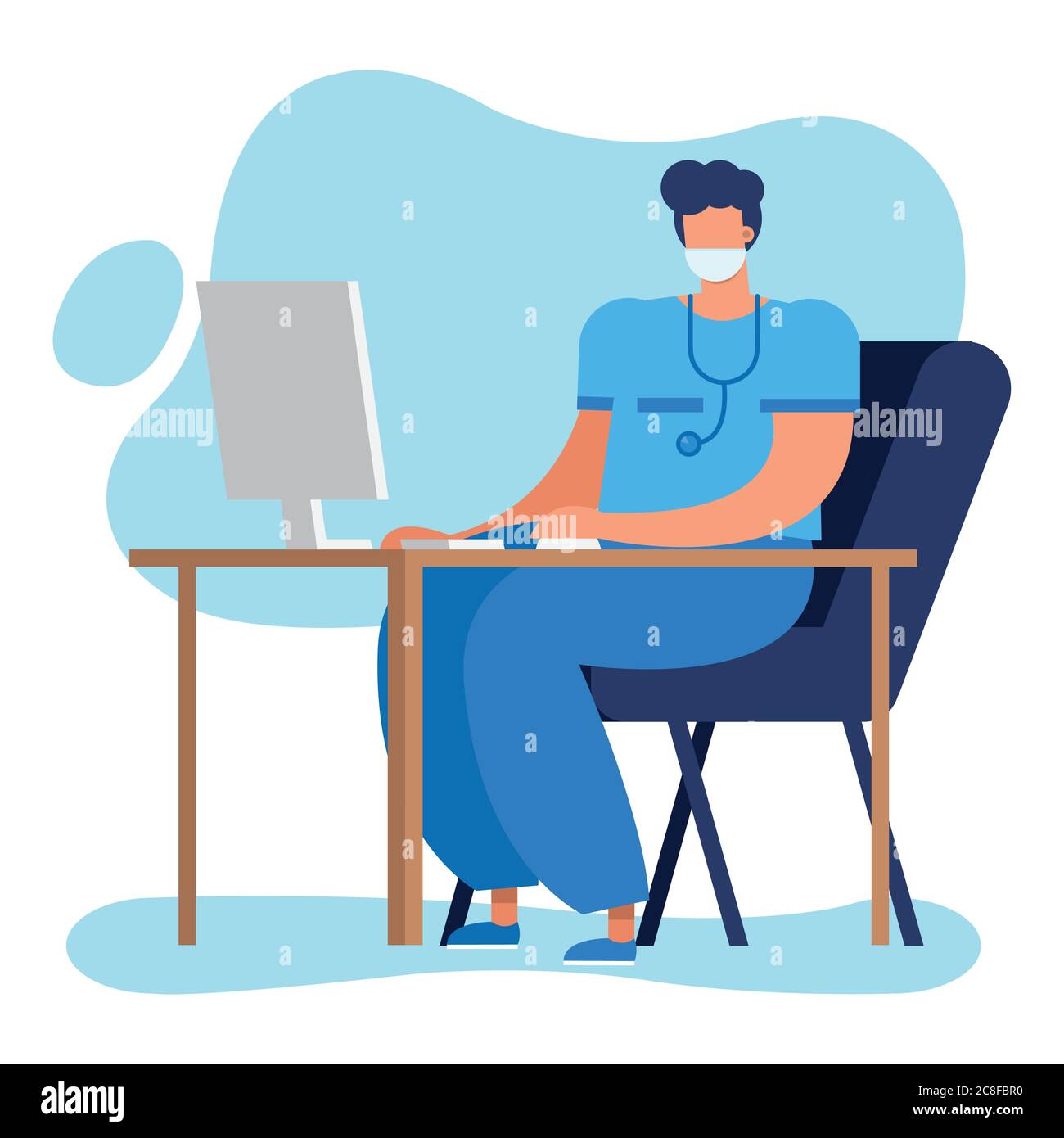 professional male doctor with stethoscope using computer vector ...