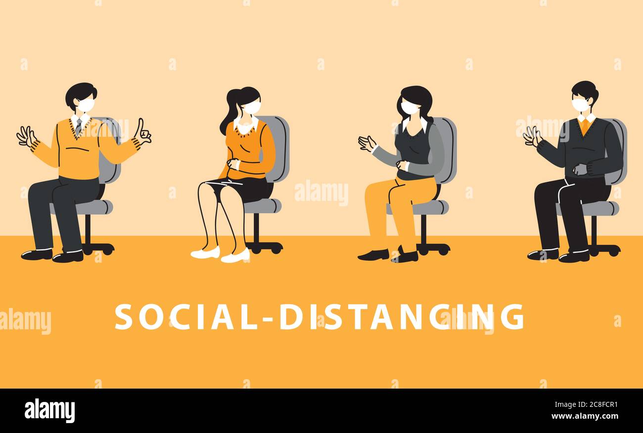 social distancing, business people sitting in chair wear face masks ...
