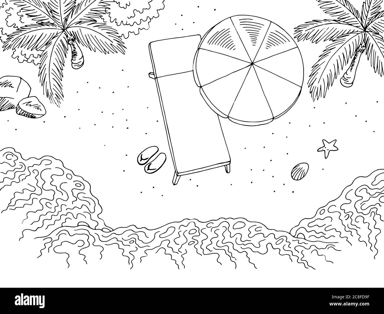 Beach view from above top graphic black white landscape sketch ...