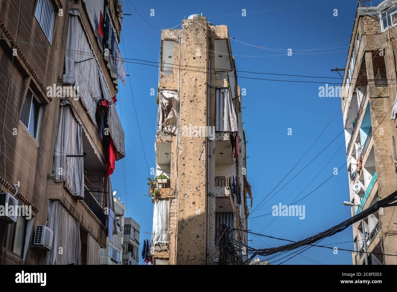Buildings with bullet holes in Sin el Fil suburb east of Beirut in Matn ...