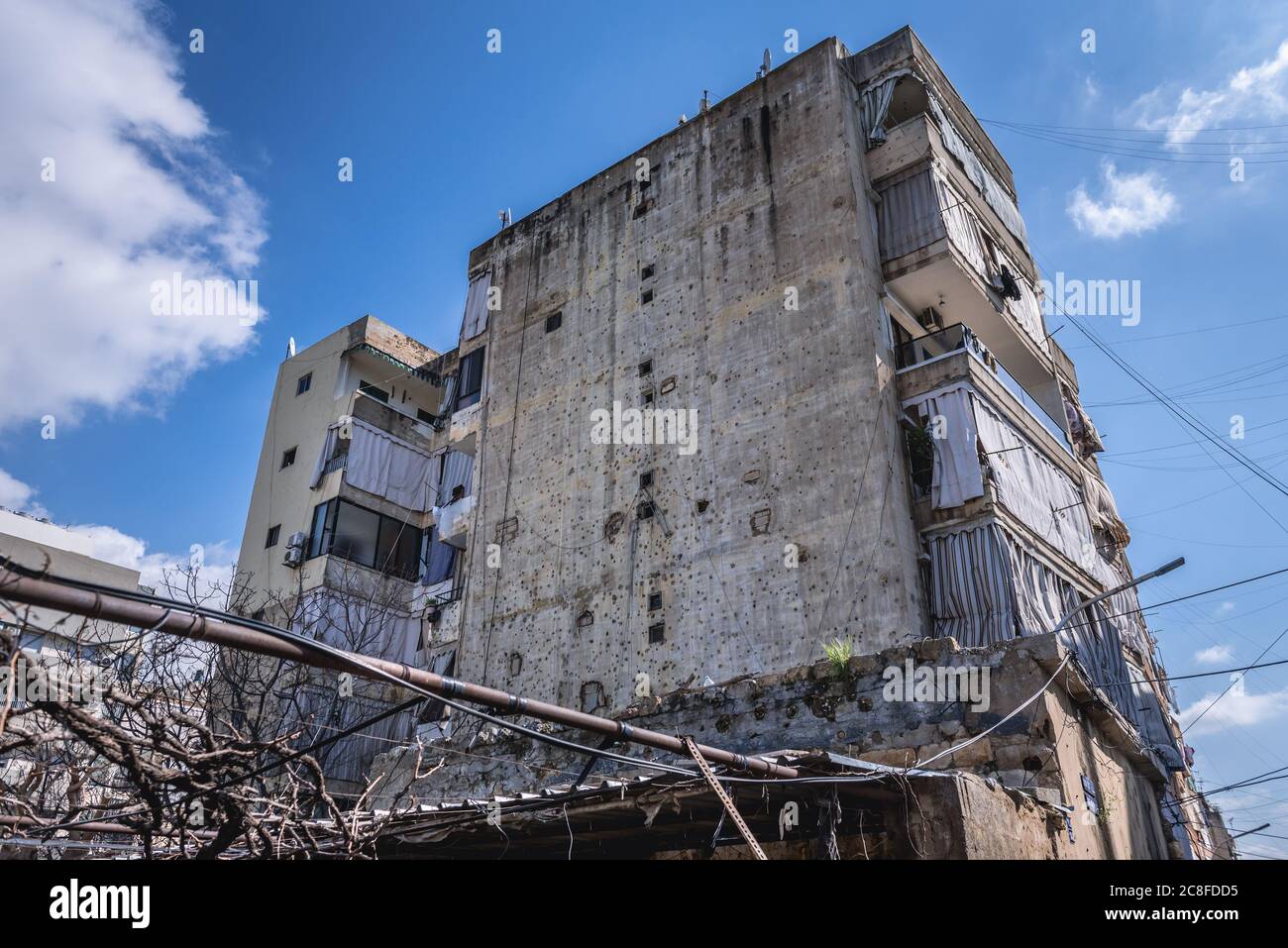 Buildings with bullet holes in Sin el Fil suburb east of Beirut in Matn ...