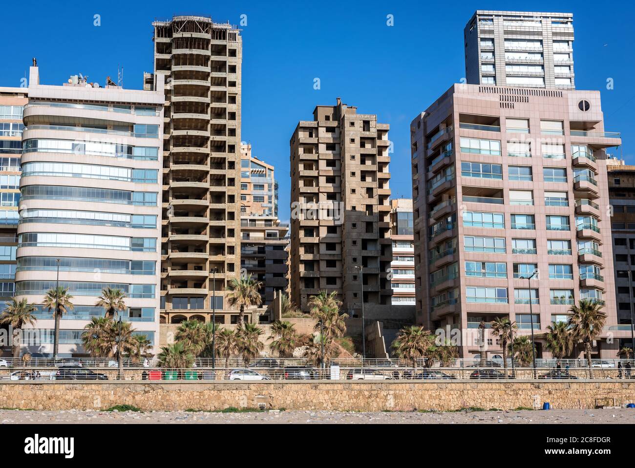 Apartment buildings over Ramlet al Baida public beach situated along ...