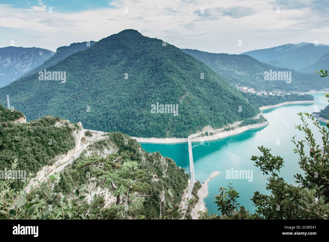 Aerial scenic view of amazing nature landscape and lake with turquoise ...