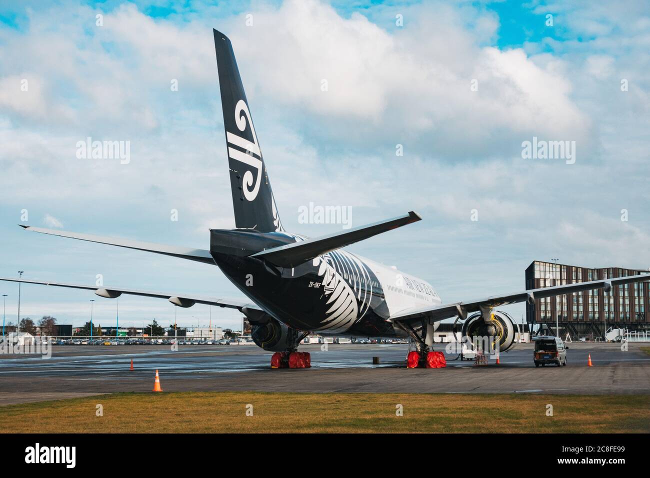 A Boeing 777 in storage with wheel and engine covers in Christchurch ...