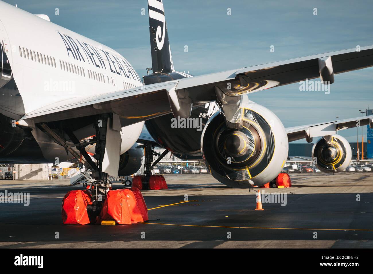 Wheel and engine covers on Boeing 777 aircraft in storage at ...