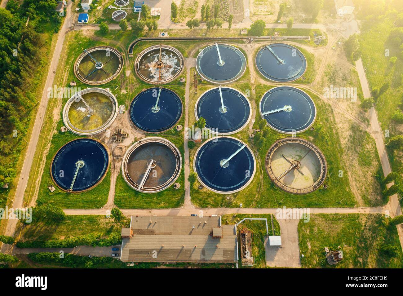 Wastewater treatment plant, round pools for filtration of dirty or ...