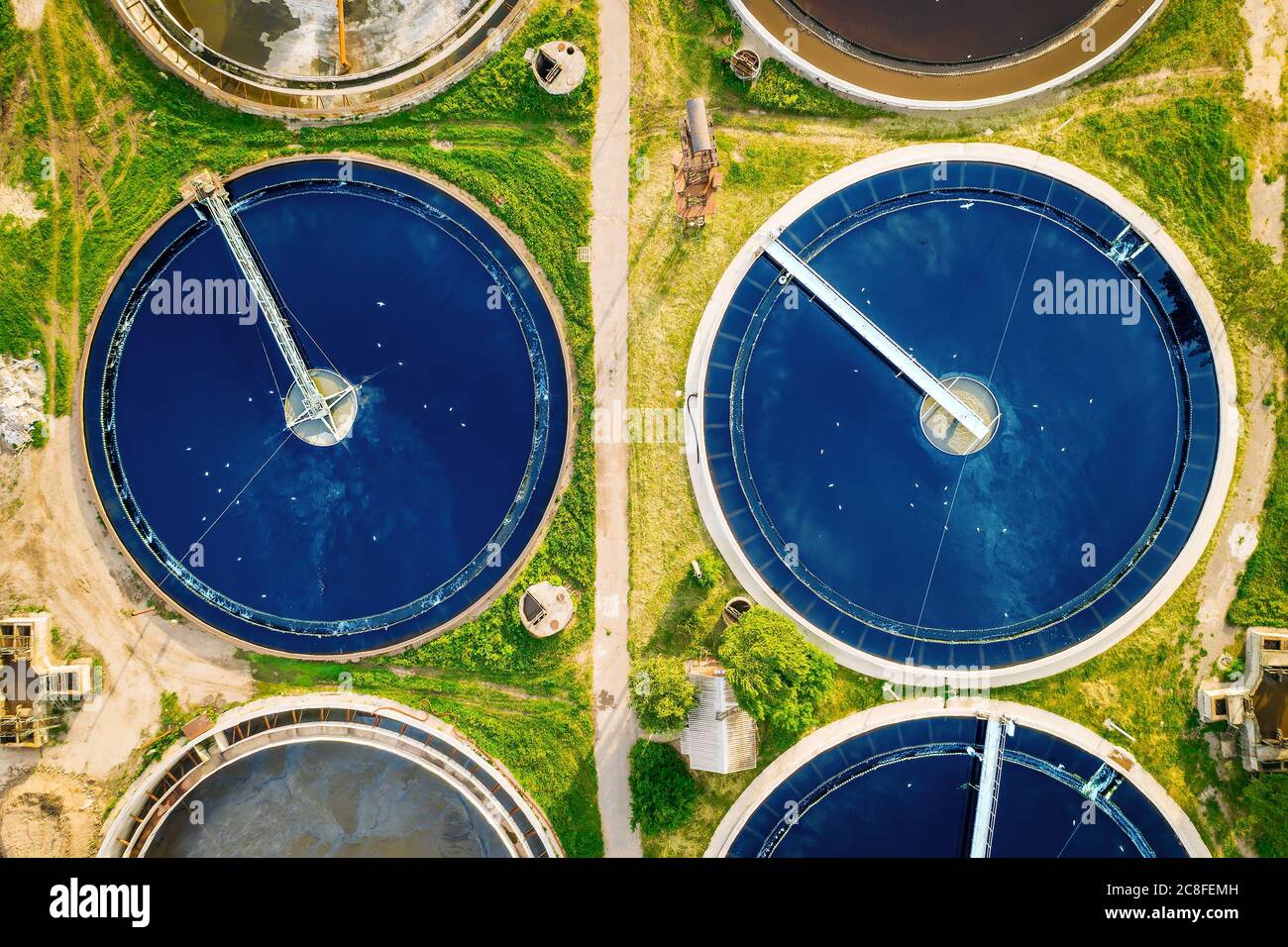 Wastewater treatment plant, round pools for filtration of dirty or ...